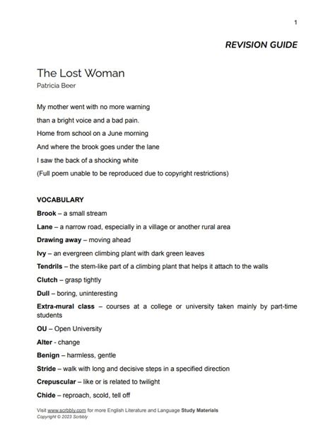 The Lost Woman By Patricia Beer Complete Study Guide Teaching