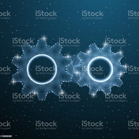 2 개의 기어 낮은 폴 리 산업 기계 코그 다각형 개념 Whith 라인과 점입니다 블루 와이어 프레임 기어 비즈니스 솔루션 빛 통신 네트워크입니다 벡터 팀웍 엔지니어링