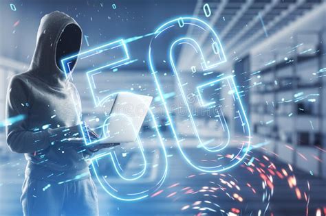 Hacker Using Laptop With Glowing 5g Hologram On Blurry Office Interior