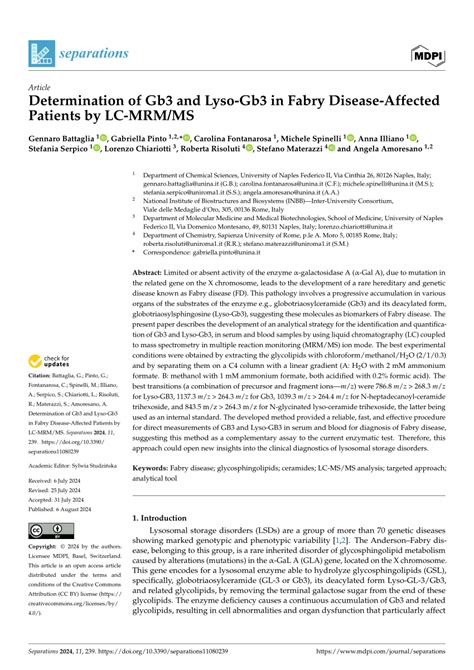 Pdf Determination Of Gb3 And Lyso Gb3 In Fabry Disease Affected