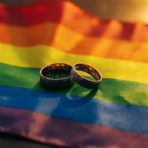 Lgbtq Wedding Rings Placed On A Rainbow Pride Flag Symbolizing Same