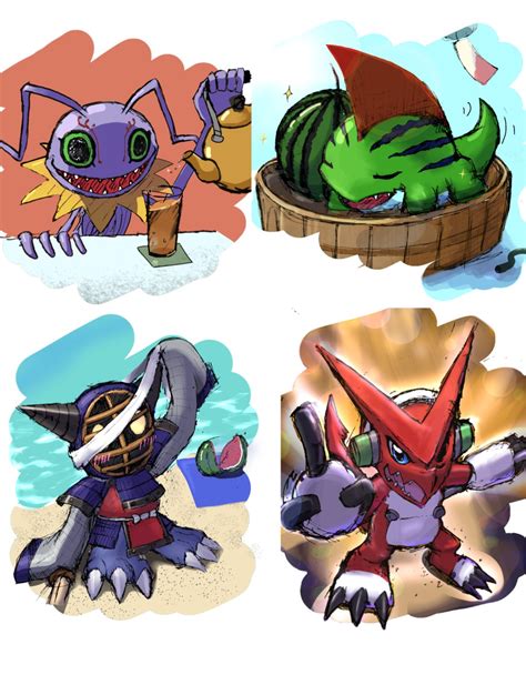 Betamon Keramon Kotemon Shoutmon Digimon Highres Claws Food Fruit Green Eyes