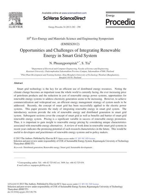 Pdf Opportunities And Challenges Of Integrating Renewable Energy In Smart Grid System