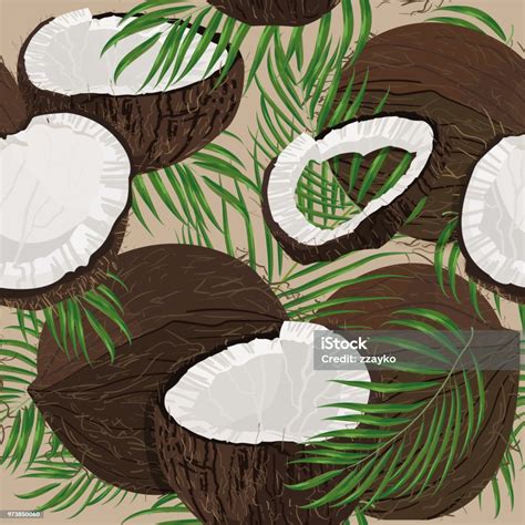 椰子 整體和片與棕櫚葉孤立的白色背景彩色植物載體 Ilustration復古熱帶設計向量圖形及更多式樣圖片 式樣 椰子 無痕式樣