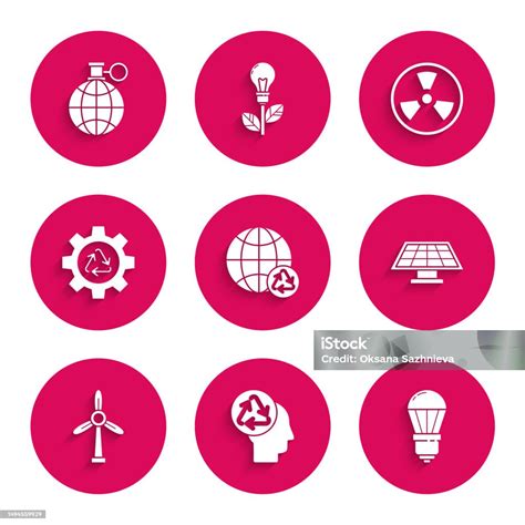 행성 지구와 재활용 재활용 Led 전구 태양 에너지 패널 풍력 터빈 재활용 기호 기어 방사능 및 아이콘으로 인간의 머리를