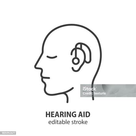 보청기 라인 아이콘이 있는 남자의 머리입니다 청각 장애의 상징 편집 가능한 획 벡터 일러스트 레이 션입니다 옆모습에 대한 스톡 벡터 아트 및 기타 이미지 Istock