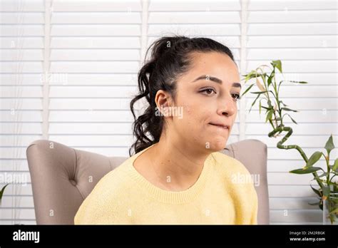 Sad Woman Portrait Of Sad Woman Biting Her Lip Pensive Caucasian