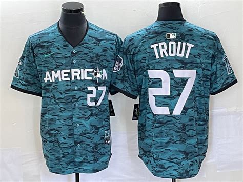 Mens Los Angeles Angels 27 Mike Trout Number Teal 2023 All Star Cool