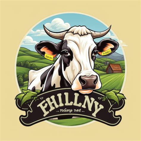Lush Green Fields And A Friendly Cow Mascot Logo For An Organic Dairy