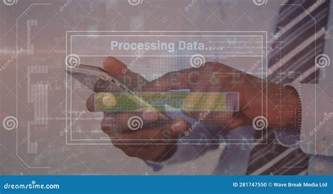 Animation Of Interface With Data Processing Against Mid Section Of Businessman Using A