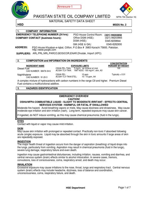 Annexure 1 Pso Hsd Msds Pdf Dangerous Goods Safety