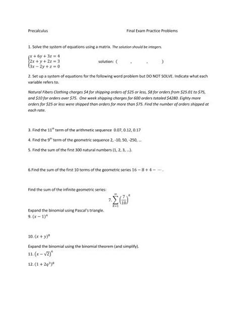 Precalculus Final Exam Practice Problems 1 Solve The System Of