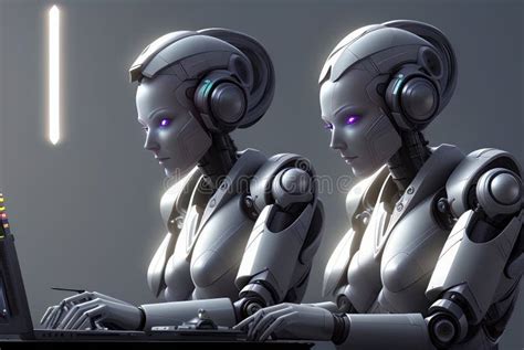 Ai At Work Futuristic Robot Woman Cyberwoman Typing In Neon Lit Room