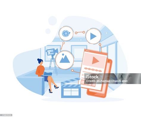 Tiny Woman 푸티지 편집 및 스마트폰 앱에서 멀티미디어 콘텐츠 제작 제작 플랫 벡터 현대 일러스트 레이 션 영화에 대한 스톡 벡터 아트 및 기타 이미지 Istock
