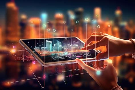 Business Man Data And Tablet Hologram With Digital Overlay For Tech