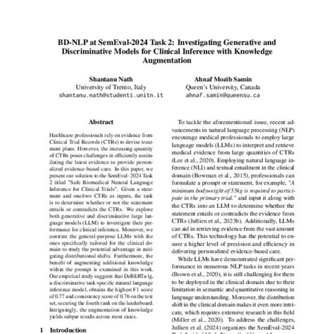 Bd Nlp At Semeval 2024 Task 2 Investigating Generative And Discriminative Models For Clinical