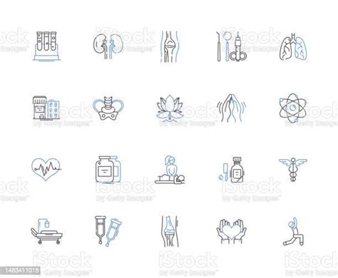 의학 건강 관리 개요 아이콘 모음입니다 의학 건강 관리 치료 진단 수술 처방 벡터 및 일러스트레이션 개념 집합 제약 약리학 의료 선형 표지판 아이콘에 대한 스톡 벡터 아트
