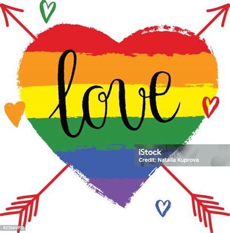 Lgbt 게 이와 레즈비언 프라이드 인사말 카드 스펙트럼 손으로 그린 레인 보우 하트와 화살표 발렌타인의 날 포스터 흰색 배경에 고립 손 글자와 벡터 디자인 요소입니다 0