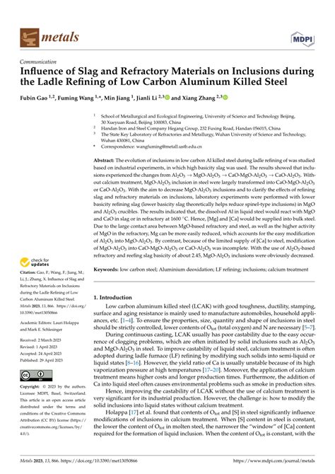 Pdf Influence Of Slag And Refractory Materials On Inclusions During The Ladle Refining Of Low
