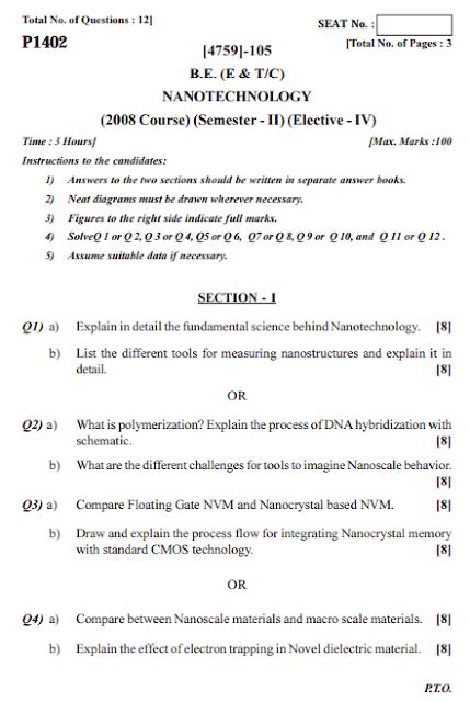 NANO TECHNOLOGY BE ETC Nd Sem Pune University April Question Paper University Question