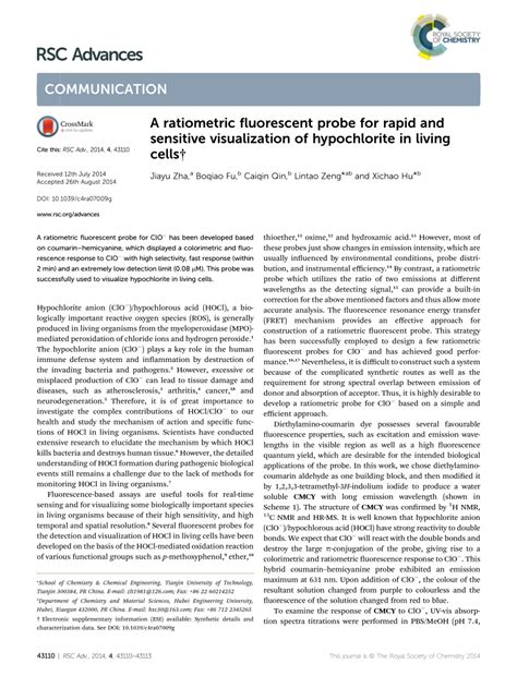 Pdf A Ratiometric Fluorescent Probe For Rapid And Sensitive Visualizing Hypochlorite In Living