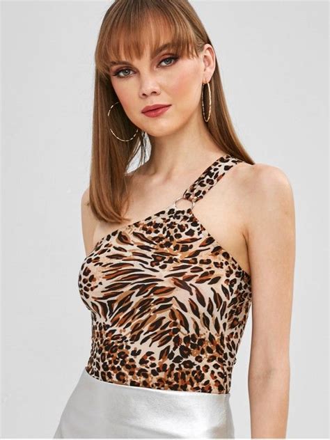 35 OFF 2021 Leopard Print One Shoulder Snap Crotch Bodysuit In