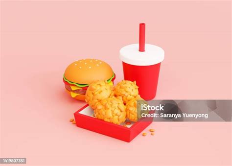 ชุดแฮมเบอร์เกอร์ไก่ทอดและโซดาอาหารจานด่วนสัญลักษณ์การ์ตูนไอคอนหรือสัญลักษณ์โลโก้ร้านอ ภาพสต็อก