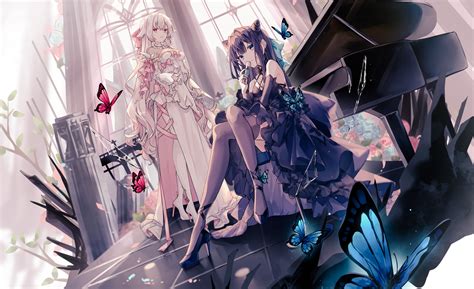 2girls Aqua Eyes Arcaea Black Hair Bow Breasts Butterfly Choker