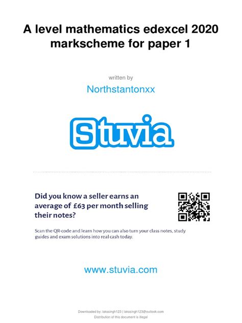 Stuvia 1105143 A Level Mathematics Edexcel 2020 Markscheme For Paper 1 Pdf Mathematics Stuvia 1105143 A Level Mathematics Edexcel 2020 Markscheme For Paper 1 Pdf Mathematics