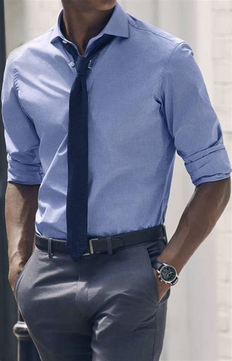 Mid Denim Chambray Blue Shirt Navy Textured Knit Tie Dark Grey