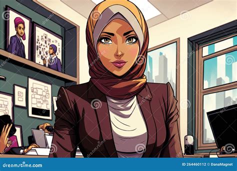 Cute Cartoon Illustration Of A Female Executive Wearing A Hijab Inside