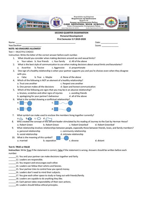 Second Quarter Exam Personal Development 2019 2020 Second Quarter