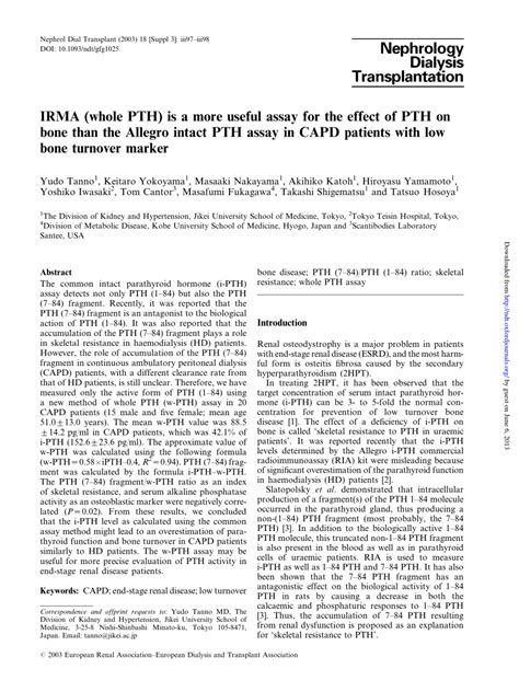 Pdf Irma Whole Pth Is A More Useful Assay For The Effect Of Pth On