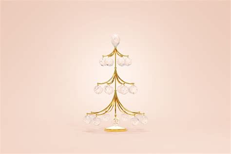 크리스마스 트리 깨지기 쉬운 골드 와이어 장식 매달려 공 크리스탈 유리입니다 우아한 장난감 컨셉 디자인 베이지 색 배경 새해의 우아한 보석 상징 3d 렌더링 금 금속에 대한
