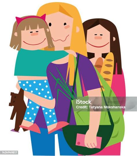 Maman Et Deux Filles Sur Un Fond Blanc Vecteurs Libres De Droits Et