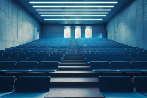 Empty Lecture Hall With Blue Seats And Concrete Walls Stock Illustration Illustration Of