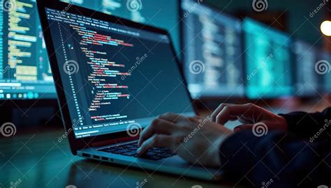 Programmer Works Laptop With Javascript Code Many Screens Show Complex