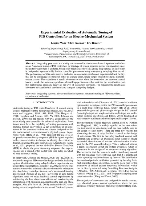 PDF Experimental Evaluation Of Automatic Tuning Of PID Controllers For An Electro Mechanical