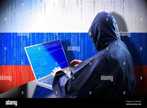 Anonymous Hooded Hacker Flag Of Russia Binary Code Cyber Attack