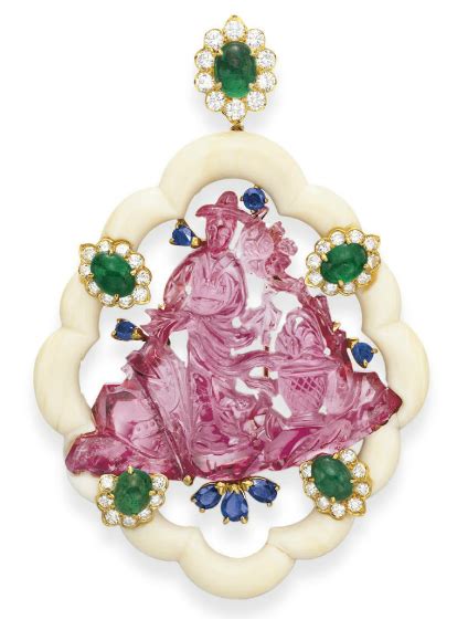 An Ivory Multi Gem Pendant Brooch By Van Cleef And Arpels Designed As A Pendant Centering Upon A
