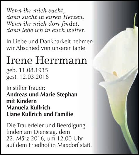 Traueranzeigen Von Irene Herrmann Abschied Nehmende