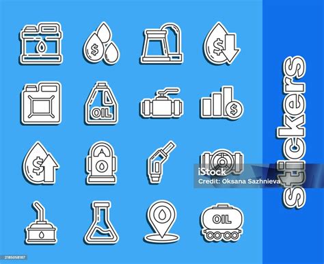 세트 라인 석유 철도 수조 산업 금속 파이프 및 밸브 파이 차트 인포 그래픽 달러 가스 산업 공장 건물 모터 기계 오일 가솔린 및 아이콘 용 캐니스터 벡터 0명에 대한 스톡