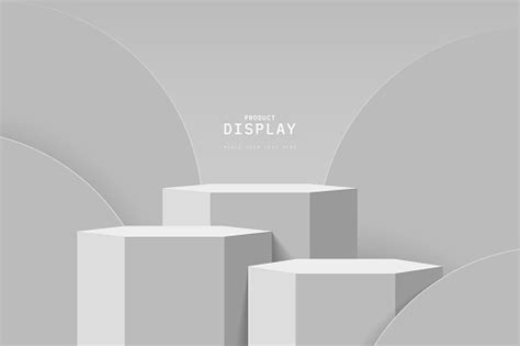 스튜디오 룸에서 추상 회색 3d 배경입니다 둥근 원 레이어 배경이 있는 사실적인 3d 육각형 연단 받침대 모형을 위한 최소한의 벽 장면 3d 벡터 기하학적 플랫폼 프로모션