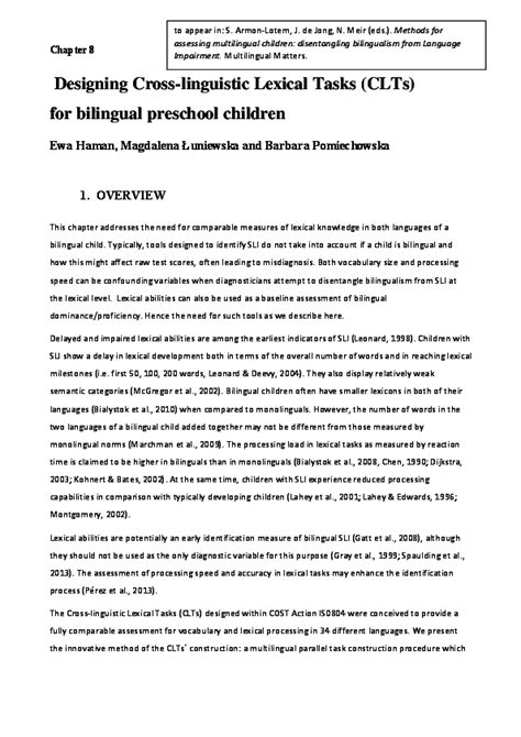 Designing Cross Linguistic Lexical Tasks Clts For Bilingual Preschool