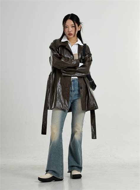 Faux Leather Trench Coat And Belt Ribbon Set Co26 Lewkin