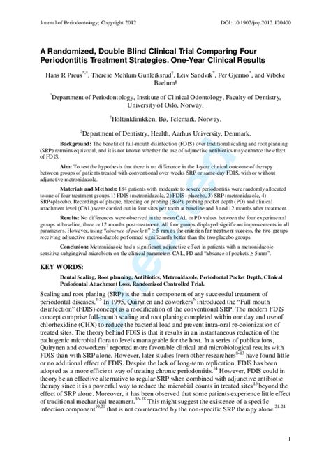 Pdf A Randomized Double Masked Clinical Trial Comparing Four Periodontitis Treatment