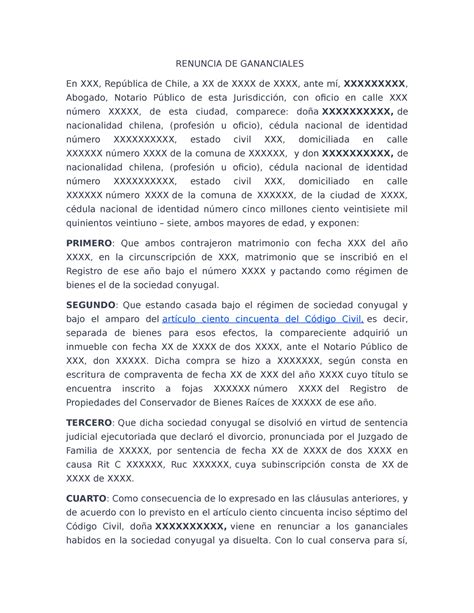 Modelo Renuncia DE Gananciales Derecho Civil Familia UCN Studocu