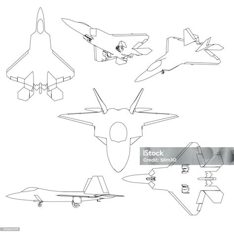 흰색 배경에 고립 된 검은 선에서 전투 전투기의 윤곽선으로 설정됩니다 전면 하단 아이소메트릭 측면보기 벡터 일러스트레이션 제트 엔진에 대한 스톡 벡터 아트 및 기타 이미지