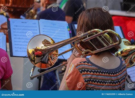 Woman Playing The Trombone Stock Image Image Of Sound Woman 174655399