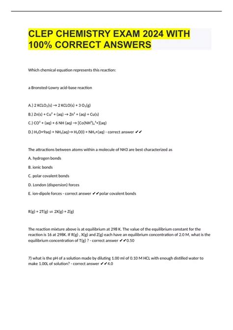 Clep Chemistry Exam 2024 With 100 Correct Answers Clep Chemistry